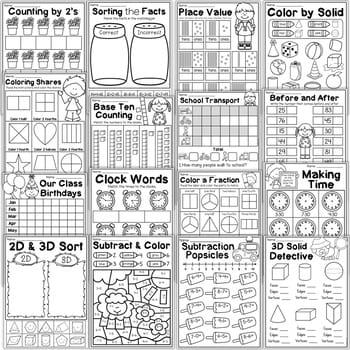 First Grade Math Worksheet Bundle - Addition, Shapes, Place Value ...