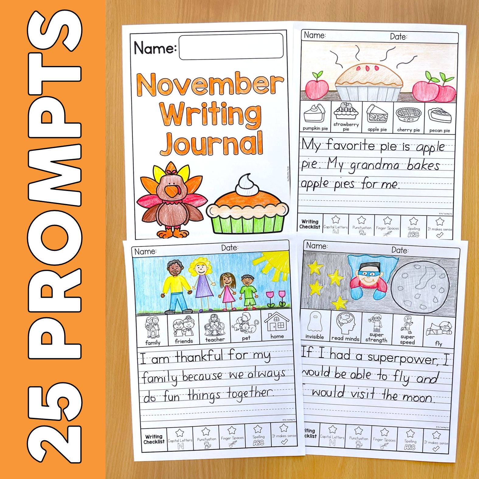 November Writing Prompts - Kindergarten & First Grade Writing Journal ...