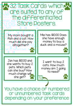 Money Word Problem Task Cards - Pet Store Theme - My Teaching Pal
