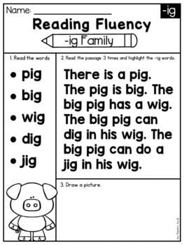 Fluency Reading Passages for Kindergarten - Word Families and ...