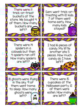 Halloween Word Problem Task Cards - Addition and Subtraction - My ...