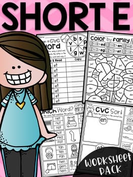 Short e CVC Worksheet Pack with a Bonus Literacy Center - My Teaching Pal