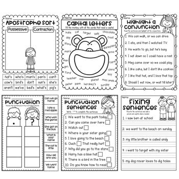Grammar Worksheet Packet - Sentences, Punctuation, Capitals ...