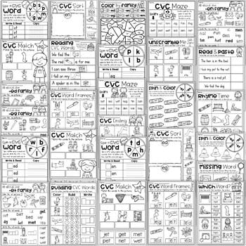 Short e CVC Worksheet Pack with a Bonus Literacy Center - My Teaching Pal